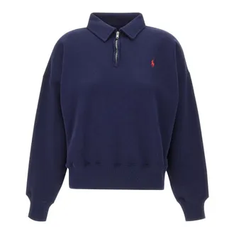 Polo Ralph Lauren Femme, Sweatshirts et sweats &agrave; capuche, Bleu, Taille: 40 FR Pull en jersey de coton m&eacute;lang&eacute; &agrave; demi-fermeture &eacute;clair