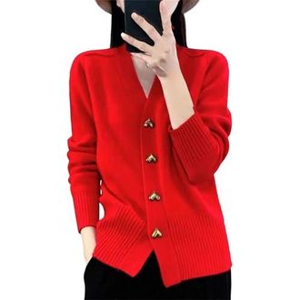 Generic Cardigan en tricot pour femme - Style d&eacute;contract&eacute; - Col en V - Manches longues - Streetwear r&eacute;tro, Rouge, Taille XS