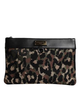 Dolce & Gabbana Mens Leopard Jacquard Print Clutch Multicolor Cotton Polyester Polyamide