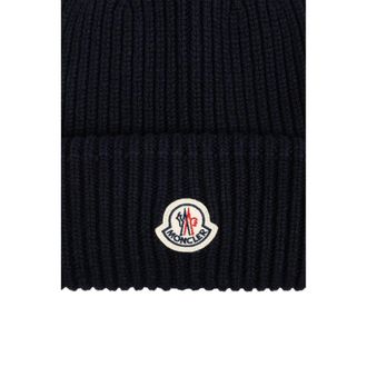 Moncler M1127 Virgin Wool and Cashmere Ribbed Beanie - Blue