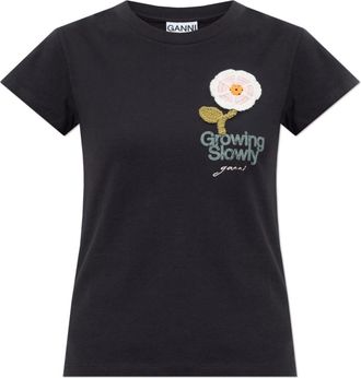 Ganni Embroidered T-Shirt - - Tops - Damen - Schwarzk - 2XS