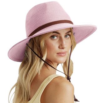 Dreshow Damen Panama Hut Sommer Breiter Krempe Stroh Fedora Sommerhut Strandhut UV Sonnenhut mit Kinnriemen Verstellbare Strohhut UPF 50 +