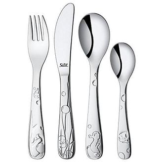 Silit Aquarama Kinderbesteck Set 4-teilig, Kinderbesteck Edelstahl, Besteck Kinder ab 3 Jahre, Crominox poliert, spülmaschinengeeignet