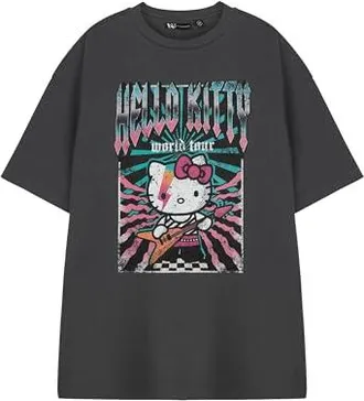 Hello Kitty T-Shirt Gris à Manches Courtes pour Femmes Kitty World Tour et Ses Amis Tee-Shirt Graphique