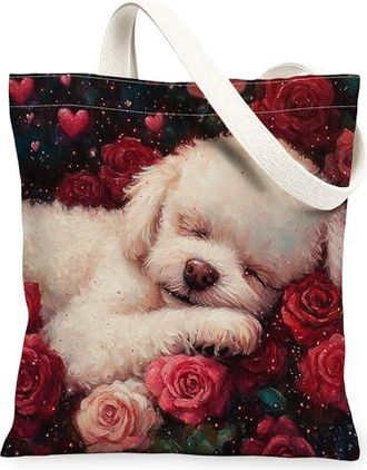 Generic Sac fourre-tout en toile motif bichon fris&eacute; pour faire du shopping 33 x 38,1 cm, sac d&eacute;picerie r&eacute;utilisable pour femme, animal de compagnie, peinture,