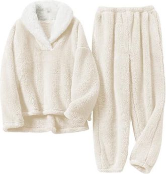 Generic Ensemble de pyjama en polaire pour femme, pull moelleux et confortable, vêtement de détente chaud pour lhiver, abricot, M