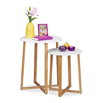 Relaxdays Beistelltisch 2er Set, runde Satztische, 48,5 & 60,5 cm hoch, modernes Design, Wohnzimmertisch, Natur/weiß