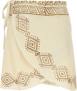 Guru Shop Nat&uuml;rlicher Goa Minirock, Bedruckter Ethno Wickelrock - Hellbeige, Damen, Baumwolle, Size:M