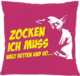 Spass Kostet Kissen mit Spruch und F&uuml;llung Dekokissen Zocken ich muss Welt retten und so