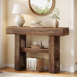 Tribesigns Tribesigns Table console &eacute;troite &agrave; 2 niveaux - Meuble dentr&eacute;e avec compartiments de rangement pour couloir, foyer, salon, marron rustique - 105 cm