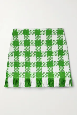 Oscar De La Renta Mini-jupe En Tweed De Coton Mélangé À Carreaux Et À Franges - Vert