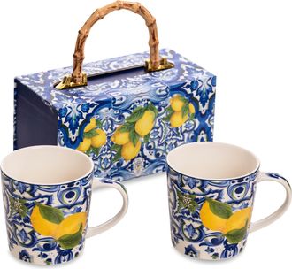 Divina Italian Design SF184 Keramik-Tasse, Set mit 2 gro&szlig;en Tassen, 350 ml, Blau, mediterranes Design, luxuri&ouml;s