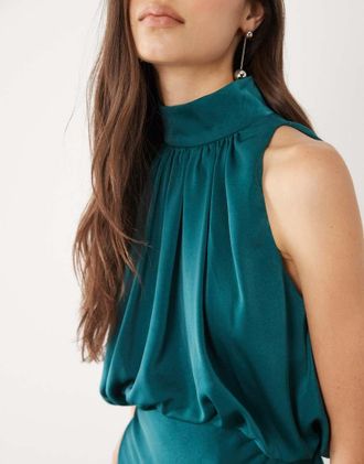 Asos Tall ASOS DESIGN Tall - Neckholder-Maxikleid aus Satin in Petrol mit Blouson&auml;rmeln-Blau
