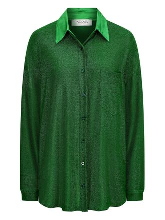 Nicowa Oversized Hemd LOPAWI, weicher Lame-Jersey, Model ist 1,78 cm und tr&auml;gt Gr&ouml;&szlig;e 34