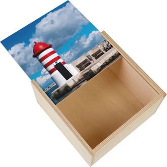 Fabulous Box aus Holz - kleiner Leuchtturm rot und weiß auf dem Pier Meer Ocean (11 x 11 x 3,5 cm)