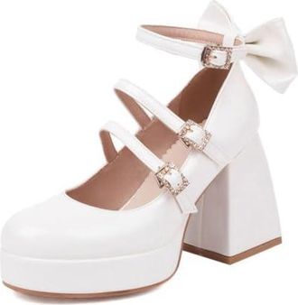 Generic Femmes Plate-Forme Bloc Talon Mary Jane Chaussures Bowknot Dos Cheville Sangle avec Strass Boucles Élégant Robe Escarpins,Blanc,42.5 EU