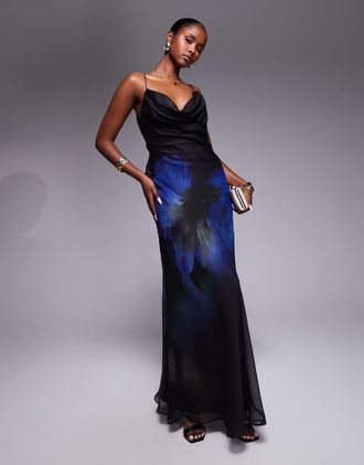 Asos Robe longue à fleurs avec col bénitier plongeant et détail dans le dos - Violet-Multicolore