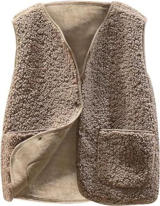 Generic Gilet sherpa pour femme d&eacute;contract&eacute; chaud flou faux mouton retourn&eacute; gilet sans manches veste polaire poches manteau en peluche gilet pour lhiver (Khak