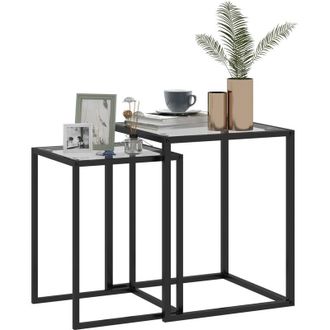 HOMCOM Lot de 2 tables basse gigogne - HOMCOM - empilable - plateau en verre tremp&eacute; cadre en acier, patins antid&eacute;rapants - noir