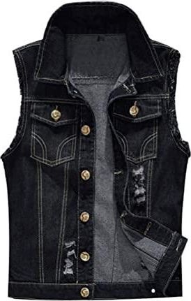 ORANDESIGNE Homme Déchiré Denim Gilet Vintage sans Manches Veste à la Mode Motard Casual F Noir 3XL