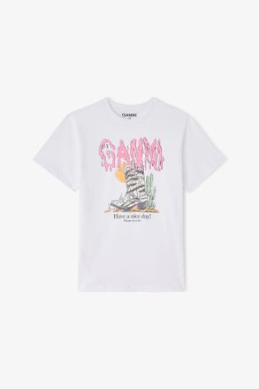 Ganni wei&szlig; T-Shirt mit Zebra-Westernstiefel Bio-Baumwolle - Gr&ouml;&szlig;e XXS