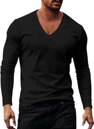 Generic T-shirt de base pour homme - Couleur unie - Haut d&eacute;t&eacute; &agrave; manches longues - Col en V - Grande taille - V&ecirc;tements doux respirants - Costume de sport pour