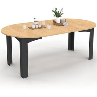IDMarket Idmarket - Table &agrave; manger extensible ronde dona 4-10 personnes noire plateau fa&ccedil;on h&ecirc;tre 110-200 cm
