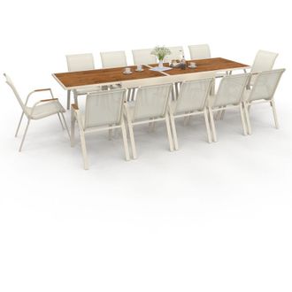 IDMarket Salon de jardin NOUMEA table extensible 135/270 CM plateau verre tremp&eacute; effet bois et 12 chaises empilables beige et bois