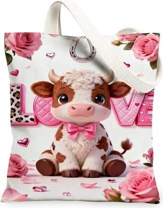 Generic Sacs d&eacute;picerie r&eacute;utilisables en toile avec motif de vache mignon, motif floral et rose, style printanier, vintage, l&eacute;ger, lavable, blanc, 13x15 Inch