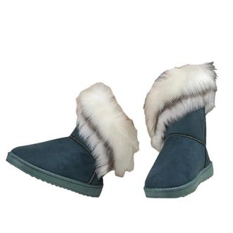Generic JJDFW Bottes de neige mi-mollet doubl&eacute;es de fourrure en coton pour femme Chaussures plates &agrave; bout rond Semelle en caoutchouc Couleur unie, bleu, 42 1/