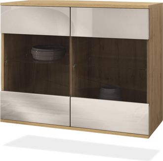 Vladon Kommode Bari V3, Moderner K&uuml;chenschrank mit 2 gro&szlig;en Glast&uuml;ren Eiche Evoke/Sandgrau Hochglanz (92,5 x 73.5 x 35)