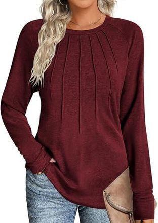 Zeagoo T-shirt à manches longues pour femme - Col rond - Décontracté - Plissé - Couleur unie - Basique - Automne - Tunique ample - Tailles S à XXL, rouge bor