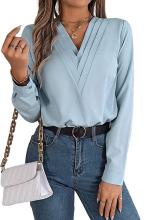 Onsoyours Oberteil Damen Elegant Chic Langarm Bluse V-Ausschnitt Langarmshirt Casual Tunika Shirt Plissee Arbeit Locker Hemdbluse Einfarbig Leicht Tops Herbst F