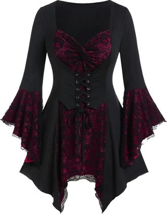 Generic Oberteile Damen Fledermaus Vintage Bluse mit Rüschen Ärmel Mittelalter Kostüme Damen Schulterfreie Blusentops Halloween Kostüm Damen Sexy Vampir Gothi