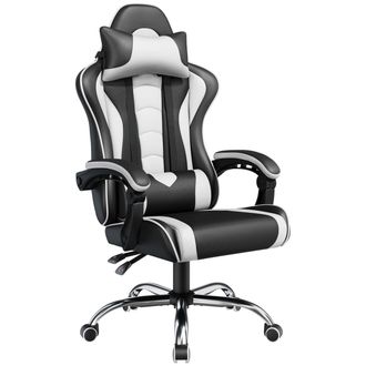 Yaheetech Chaise Gaming Massante Ergonomique Fauteuil Gamer Dossier Avec Lombaire et Appui-t&ecirc;te Hauteur R&eacute;glable Similicuir Charge 136kg Noir Blanc