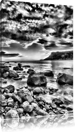 Pixxprint Monocrome, Felsen am Strand, Größe: 120x80cm, Leinwandbild, fertig gespannt, Wandbild, Dekoration, Kunstdruck, kein Poster