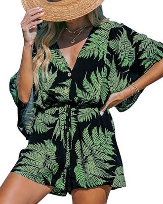 Cupshe Combinaison pour femme avec col en V et manches courtes - Imprimé tropical - Jambe large - Combinaison courte avec ceinture - Style décontracté et amp