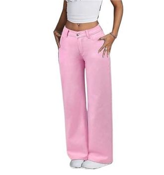 Generic Jean Y2k brod&eacute; avec noeud pour femme - Jambe droite - Pantalon boyfriend taille haute - Pantalon long ample - Pantalon amincissant, rose, XXL