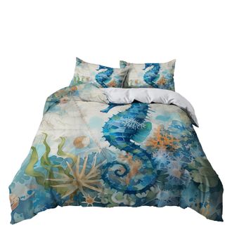 Generic Bettw&auml;sche 135x200 cm, Blau Deckenbezug 3 Teilig Microfaser Bettbezug Set Unterwassertier Seepferdchen Muster Extrem Haltbar bettw&auml;sche + 2 Kissenbez&uuml;