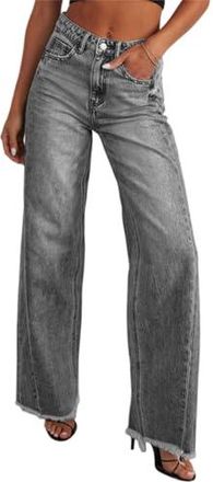 Generic Jean coupe droite taille haute pour femme, coupe ample, extensible, contr&ocirc;le du ventre, jambe large, pantalon &eacute;vas&eacute;, pantalon classique us&eacute;, gris, XXL