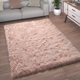 Paco Home Tapis De Salon Fausse Fourrure Imitation Shaggy Coussins De Sol Forme Coeur Rond, Dimension:120x170 cm, Couleur:Rose