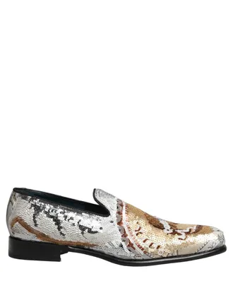 Dolce & Gabbana Mens White Gold Sequined Slip On Loafers Shoes Leather