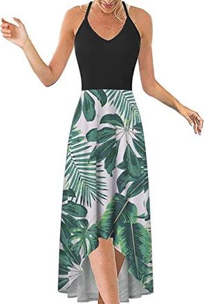 Generic Robe amincissante pour femme - Robe de plage ajust&eacute;e sans manches - Imprim&eacute; floral boh&egrave;me - Col en V - Tendance et &eacute;l&eacute;gante, Vert, XL