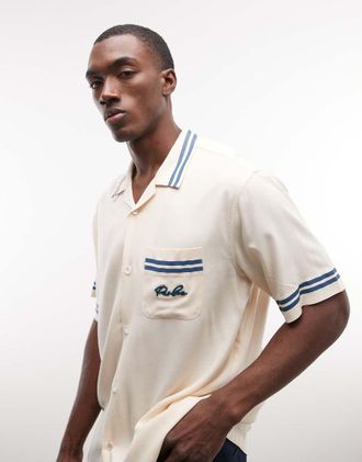 Parlez Clothing Channel - Chemise boutonn&eacute;e &agrave; manches courtes avec rayures contrastantes - Cr&egrave;me-Blanc