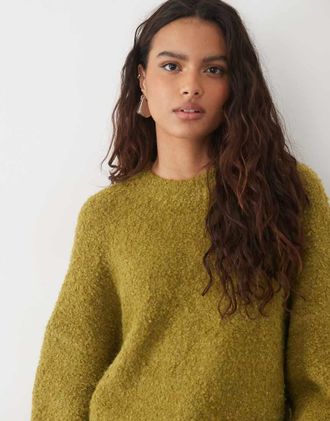Pieces pull en maille boucl&eacute;e m&eacute;lange laine, olive chin&eacute;-Neutre