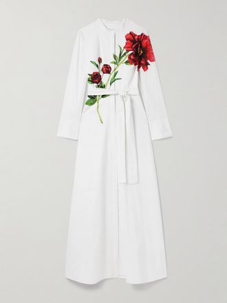 Oscar De La Renta Robe-chemise Longue En Popeline De Coton Mélangé À Imprimé Fleuri Et À Ceinture - Multicolore