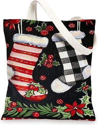 Generic Sacs fourre-tout en toile de vacances, sacs de courses réutilisables, mignons de Noël, légers et lavables à lépaule Stra, noir, 13x15 Inch