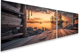 Islandburner Bild auf Leinwand Piratenschiff im Hafen mit Blick auf alte Segelschiffe Meer Sonnenuntergang Bilder Wandbilder Poster IXXG-2K