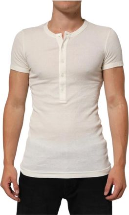 Dolce & Gabbana Homme, Tops, Blanc, Taille: XS T-shirt Henley &agrave; Manches Courtes en Coton