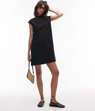 Arket Robe courte en pur coton à col montant et mancherons - Noir